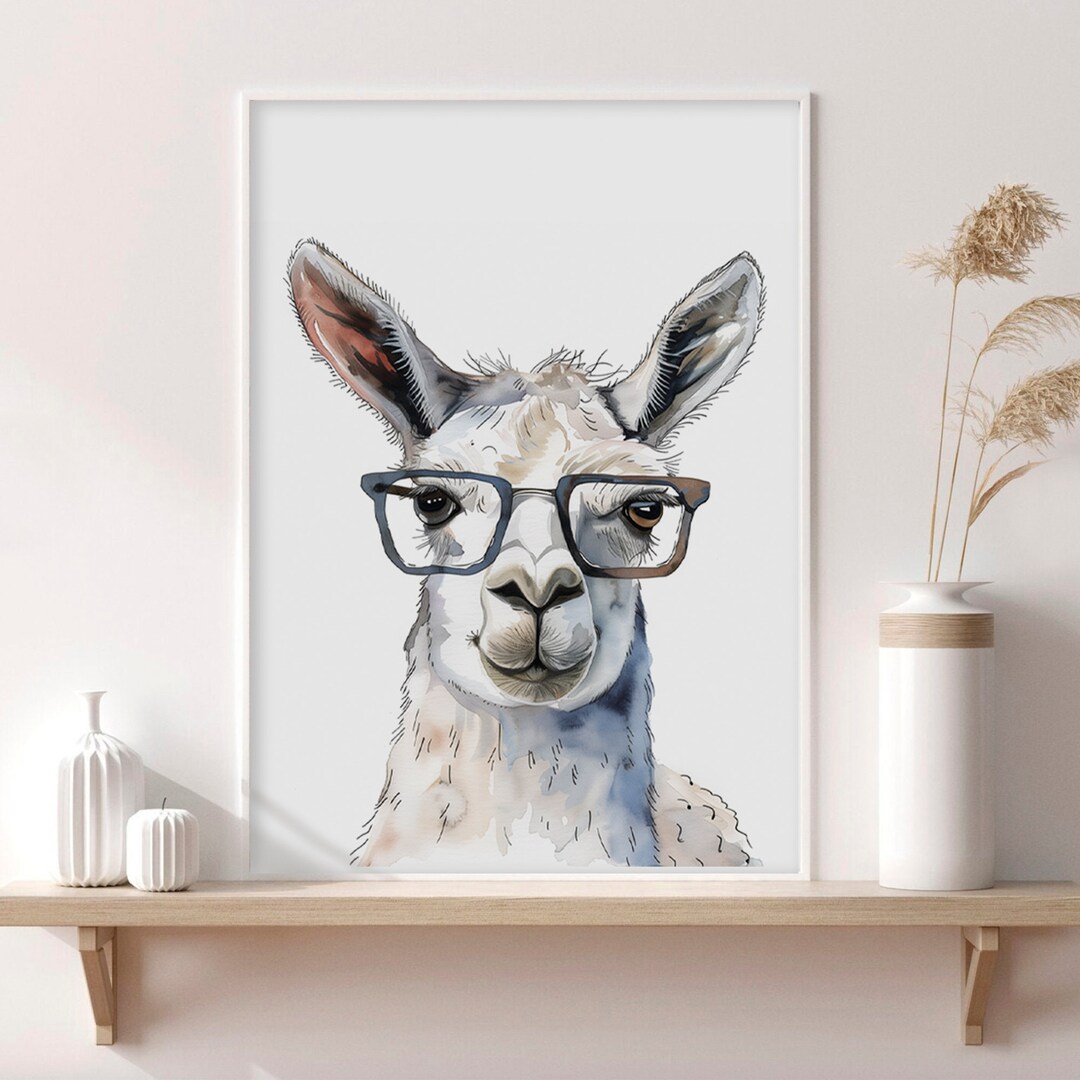 Lama With Eye Glasses Wall Art | Smart Lama Watercolor Print | Funny ...