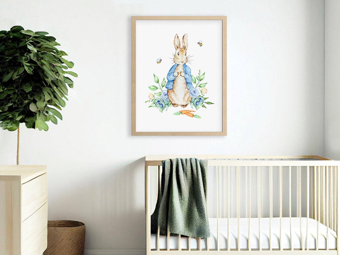Peter Rabbit Wall Art Cute Bunny With Greenery Floral Print Boys ...