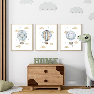 Hot Air Balloons Art Prints | Watercolor Blue Hot Air Balloon Set of 3 ...