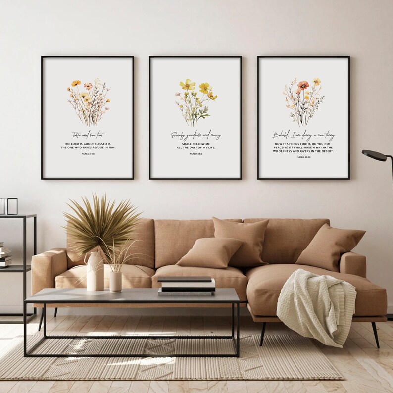 Christian Set of 3 Bible Verse Wall Art Prints | Botanical Scripture ...