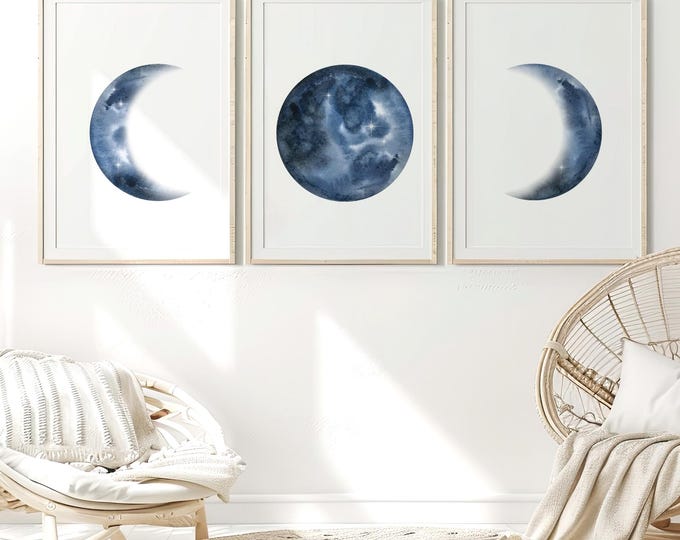 Blue Full Moon Print, Blue Watercolor Moon, Set of 2, La Luna, Full ...