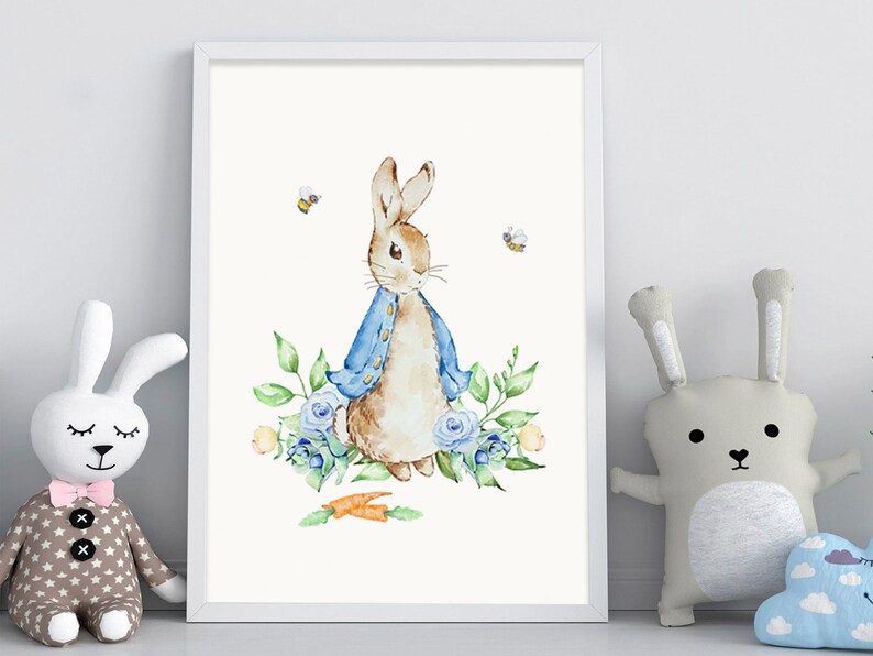 Peter Rabbit Wall Art Cute Bunny With Greenery Floral Print Boys ...