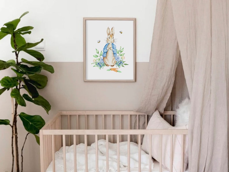 Peter Rabbit Wall Art Cute Bunny With Greenery Floral Print Boys ...
