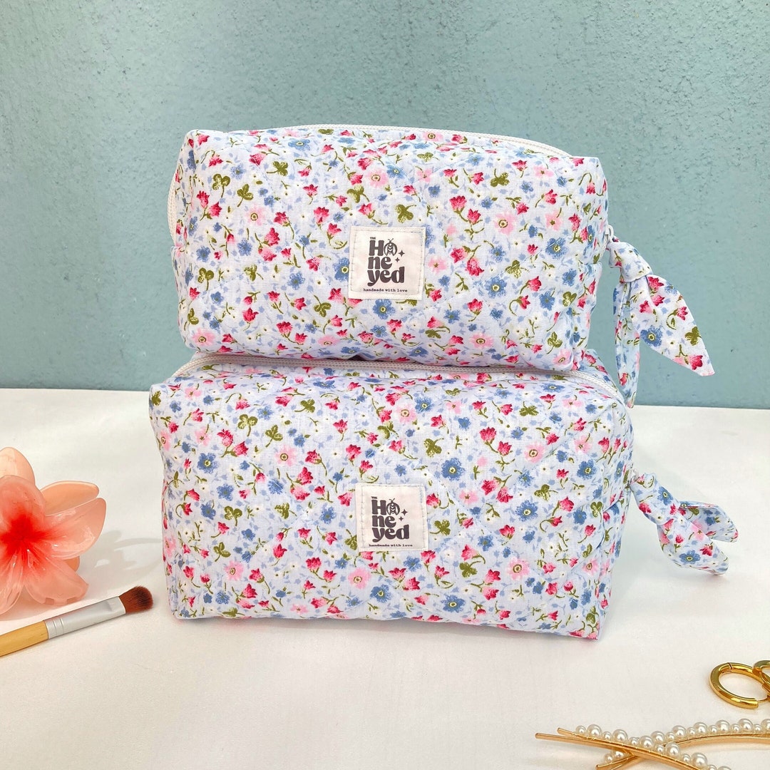 Blue Makeup Bag, Floral Quilted Makeup Bag, Cosmetic Bag, Beauty Pouch ...