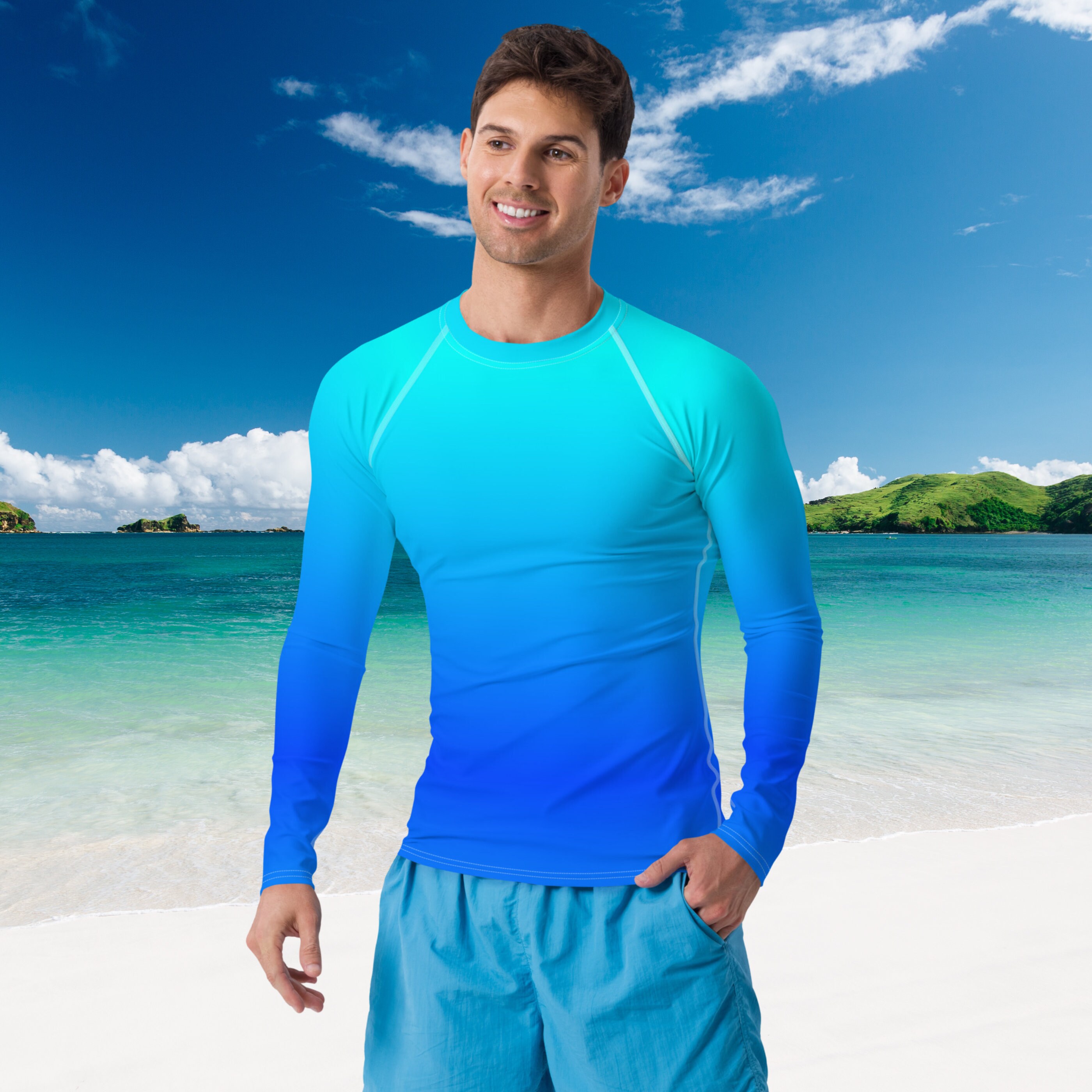 Men's Ocean Blue Ombre Rash Guard, Surfing Shirt, Beach Shirt, Men's ...