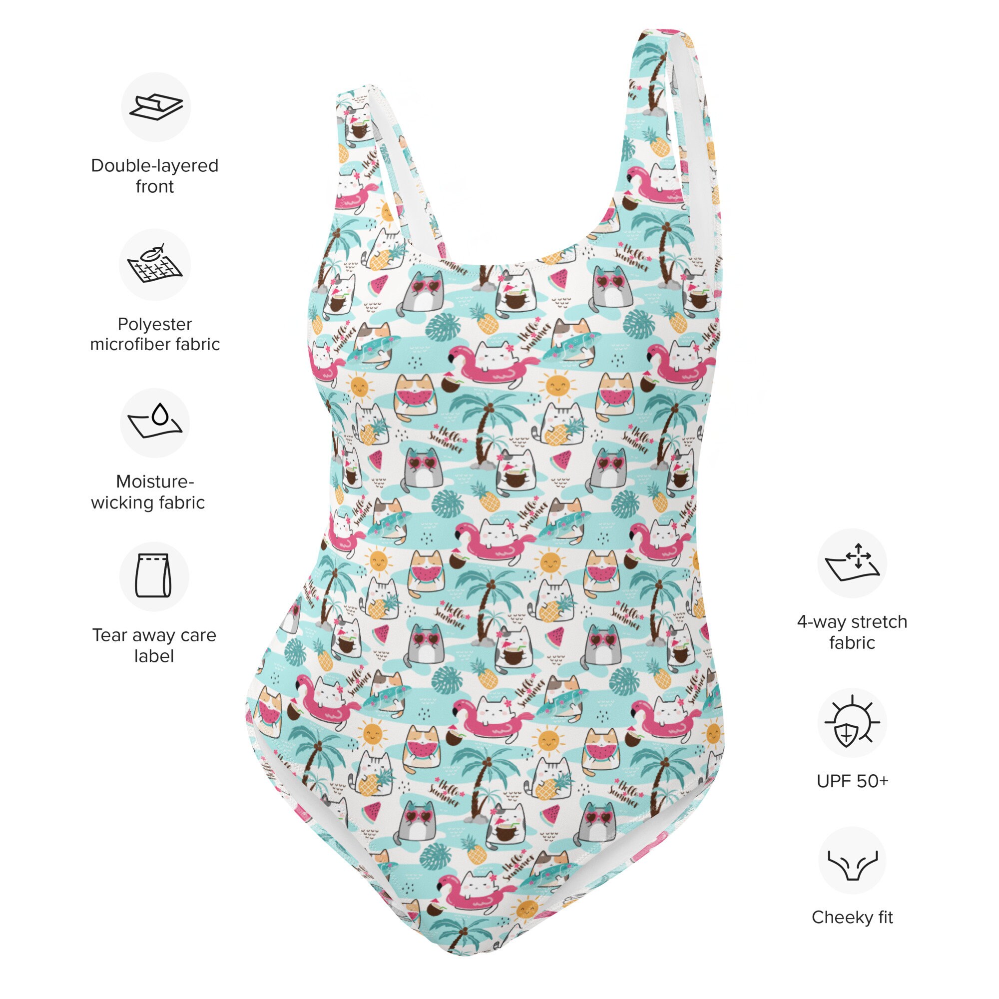 Hello Summer One-piece Swimsuit, Cute Cats, Flamingo Floaties, Full ...