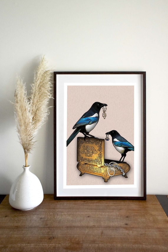 Magpies on a Vintage Jewellery Box Bird Print Magpie Pair | Etsy
