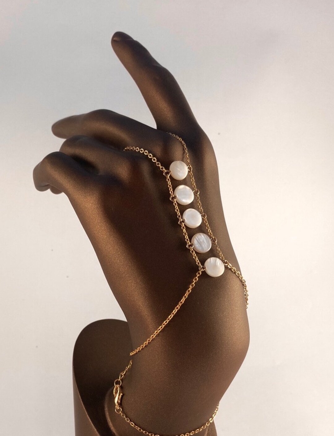 925 Sterling Silver Hand Chain, Pearl Slave Bracelet, Gold Filled Ring ...
