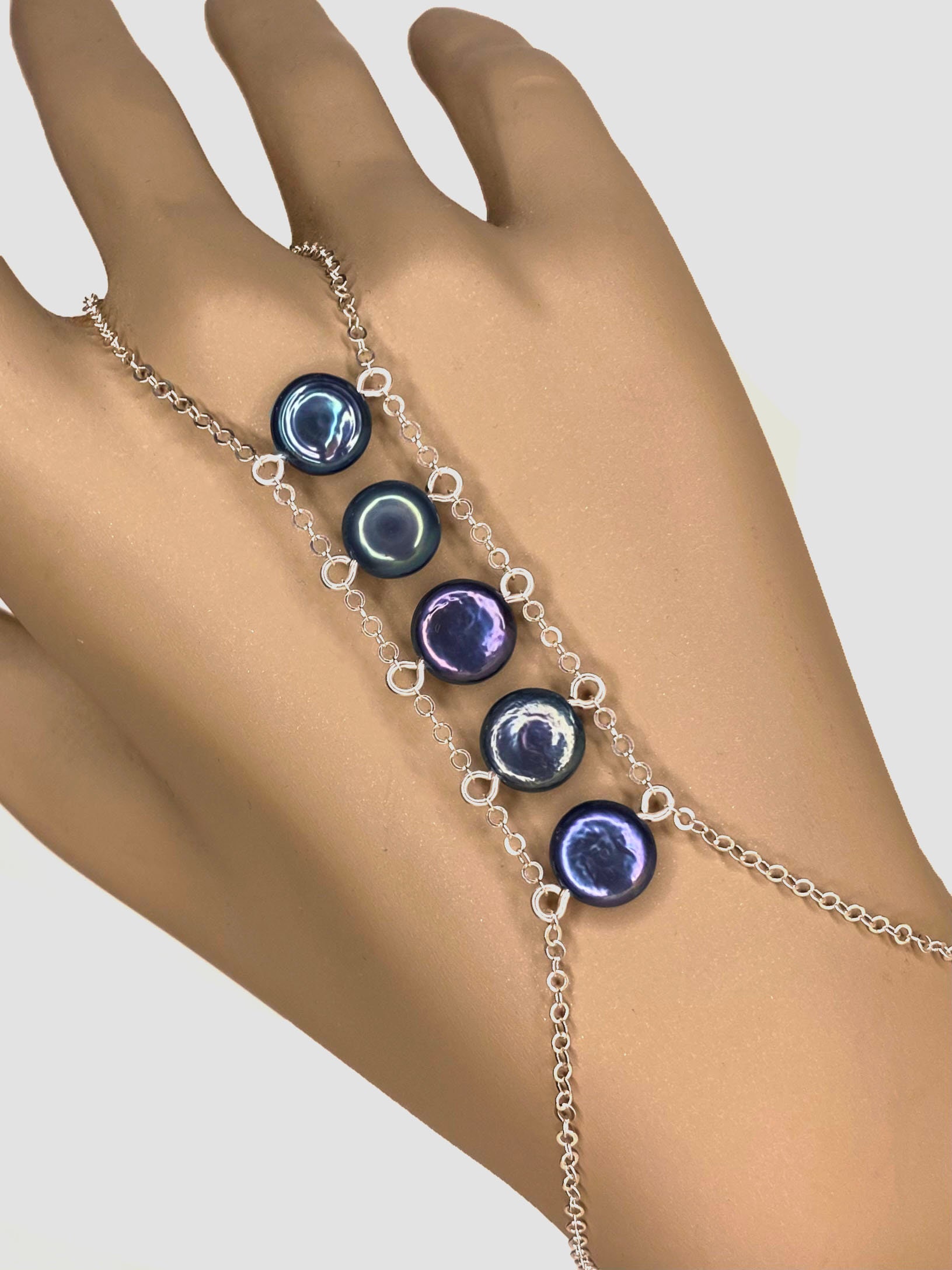 Black Pearl Hand Chain, Sterling Silver Black Pearl Bracelet, Pearl ...