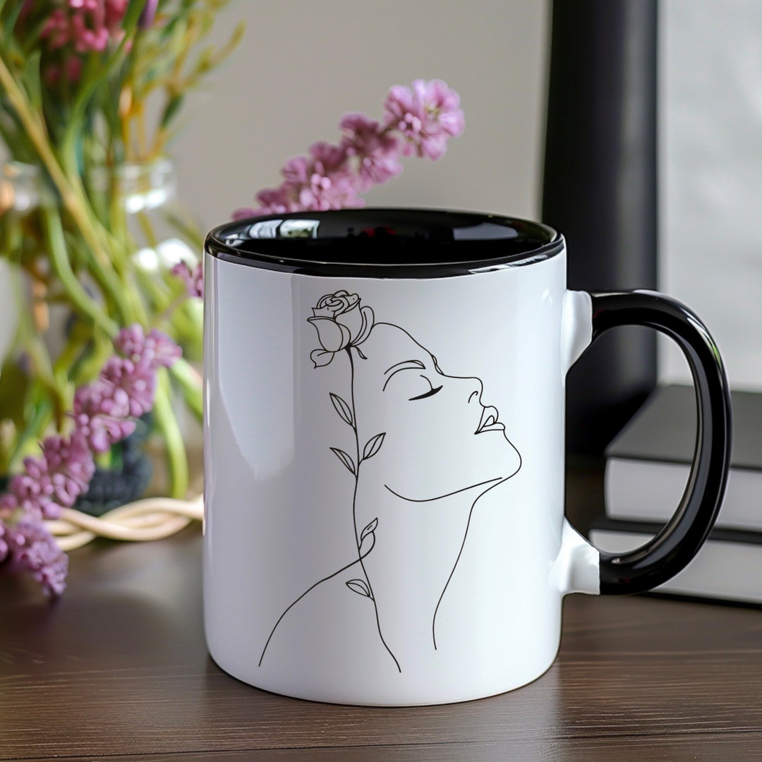 Rose & Female Silhouette Line Art Mug, Minimalist Woman Tea Cup, Single ...