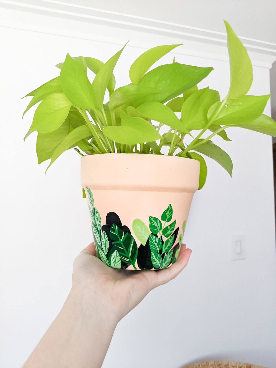 Hand Painted Clay Pot Green Nature Leaves | Second Hand Plan | Handmade ...