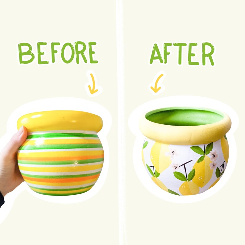 Hand Painted Clay Pot Green Lemon Citrus | Second Hand Plan | Handmade ...