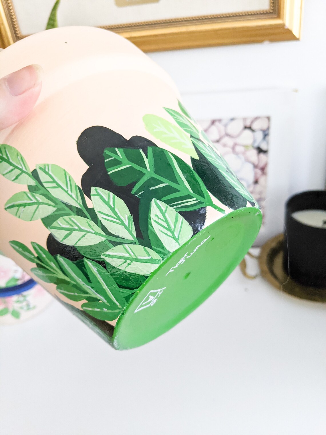 Hand Painted Clay Pot Green Nature Leaves Second Hand Plan Handmade ...