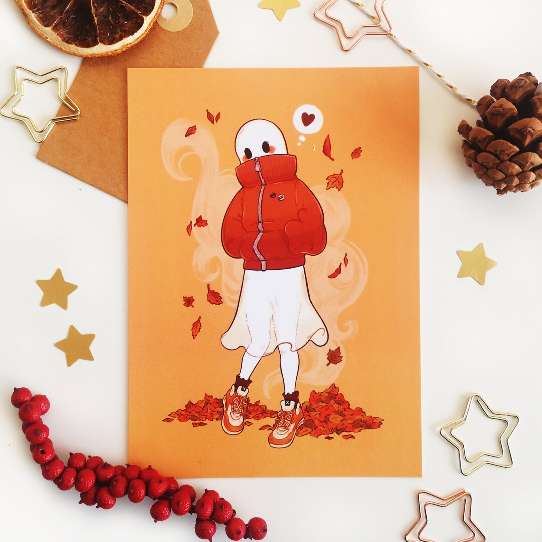 Autumn Ghostie Girl | Cute Ghost Halloween | Postcard Mini Print - Etsy