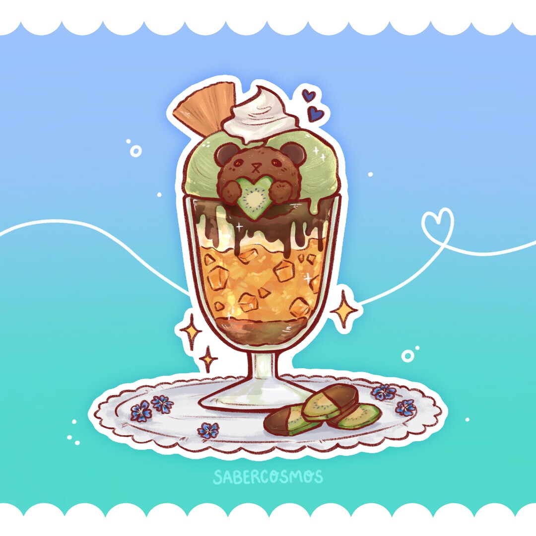 Kawaii Bear Parfait Sticker | Matcha Ice Cream & Chocolate Matte Vinyl ...