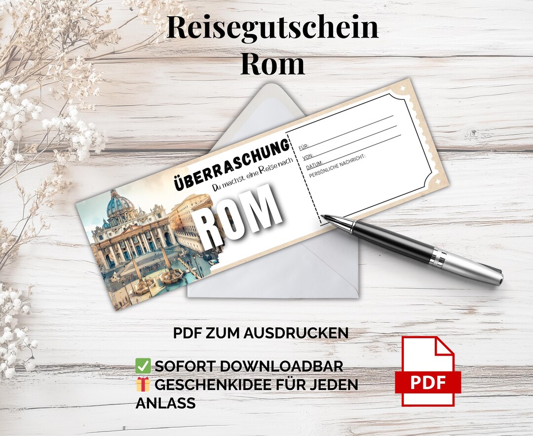 Rome Travel Voucher – PDF Template to Print | Italy City Trip Gift Idea ...