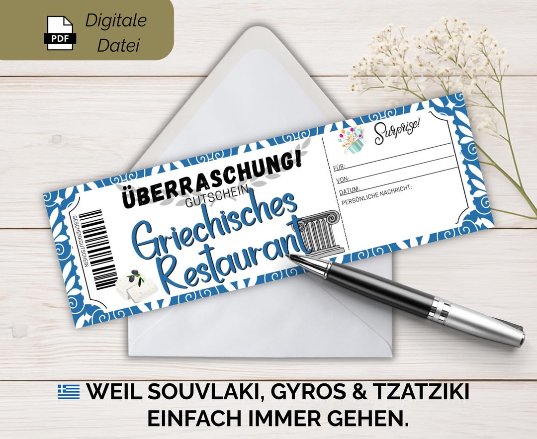 Greek Restaurant Voucher PDF Template | Dining Out Gift Idea | Digital ...