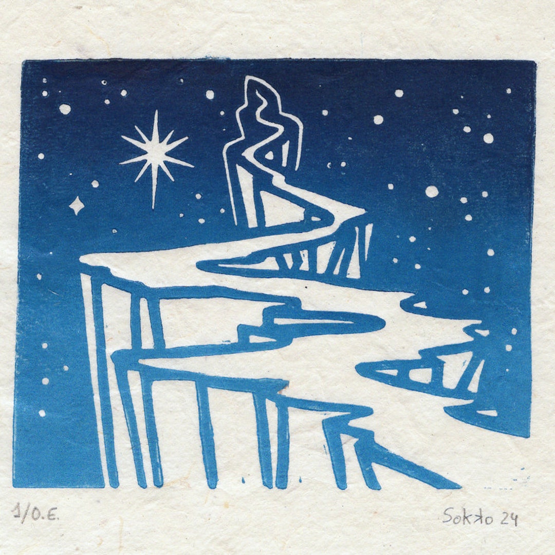 Stars Path Linocut Print, Blue Galaxy Art on Nepalese Paper - Etsy
