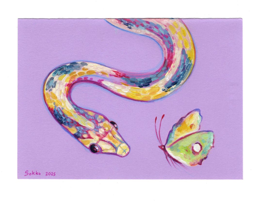 ORIGINAL ARTWORK , Snake and Butterfly Painting on Paper. - Etsy