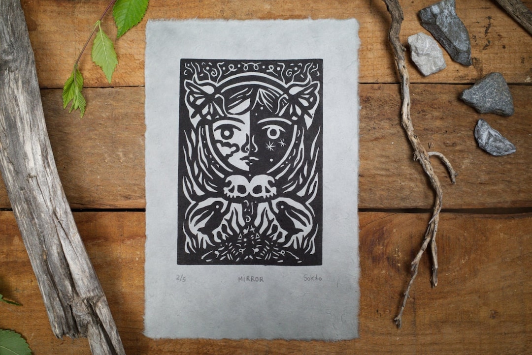 MIRROR, Mini Linocut Print, Original Handmade Art, Hand Carved, Mini ...