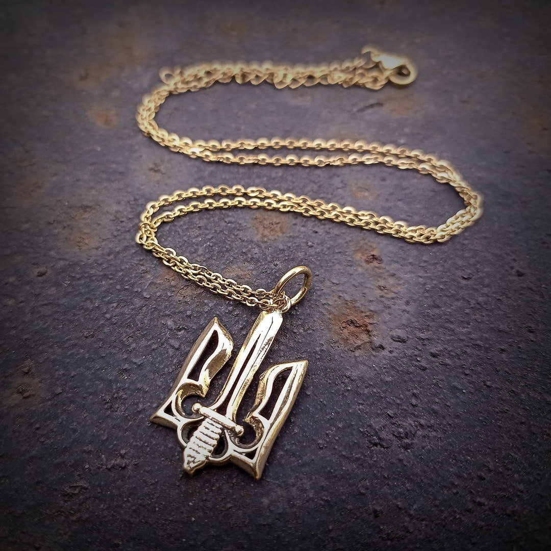 Ukraine Brass Trident With Sword Pendant on a Chain,brass Tryzub With ...