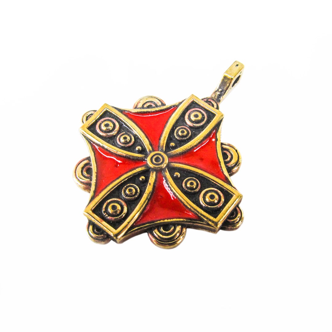 Red Enamelled Maltese Cross Necklace Pendant,octagonal Knightly Brass ...