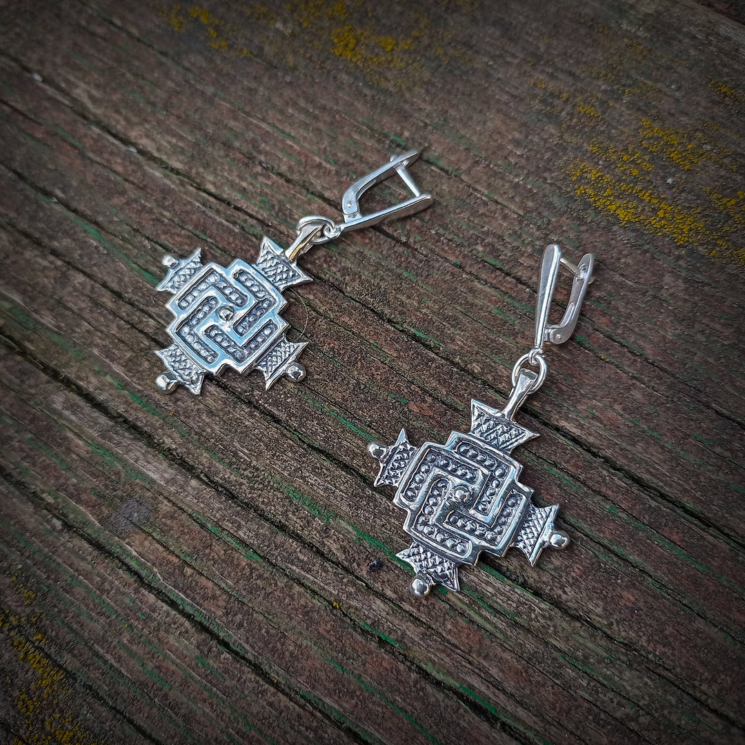 Solar Cross Silver Earrings,handmade Silver Earrings,ukraine Silver ...