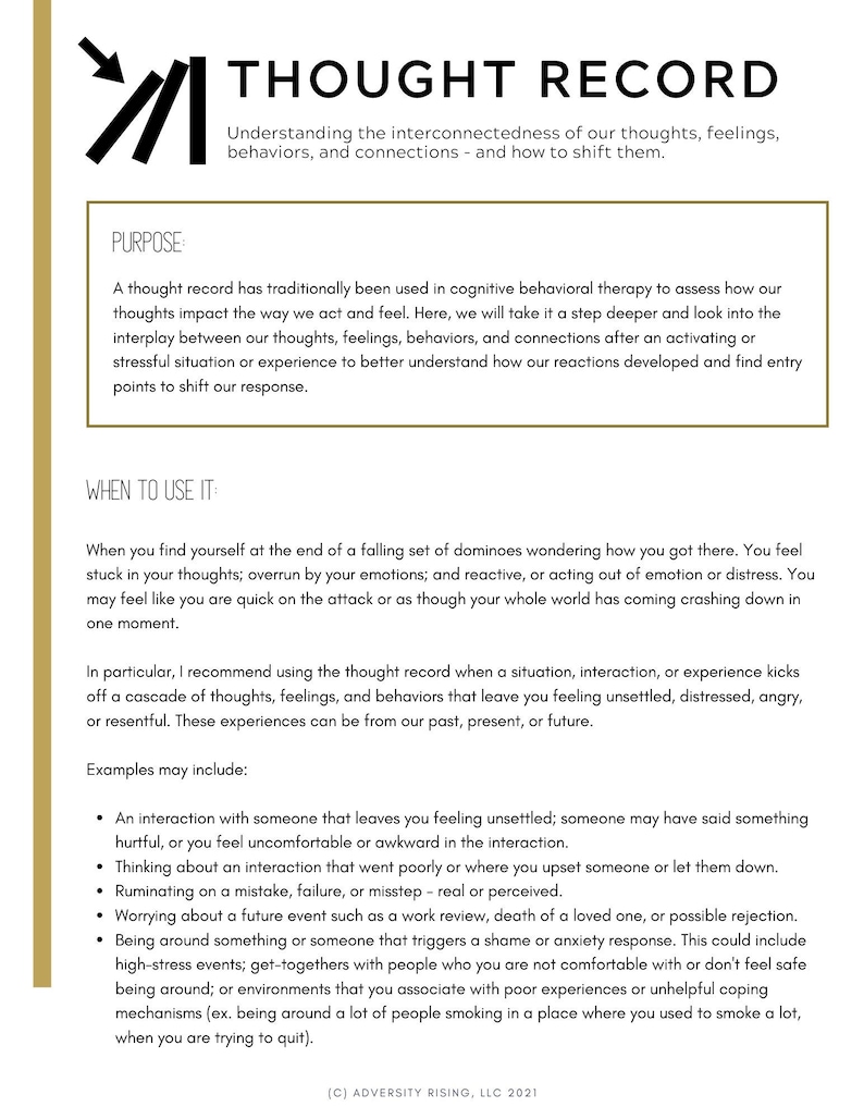 Thought Record DIGITAL Handout to Understand the Interconnectedness of ...