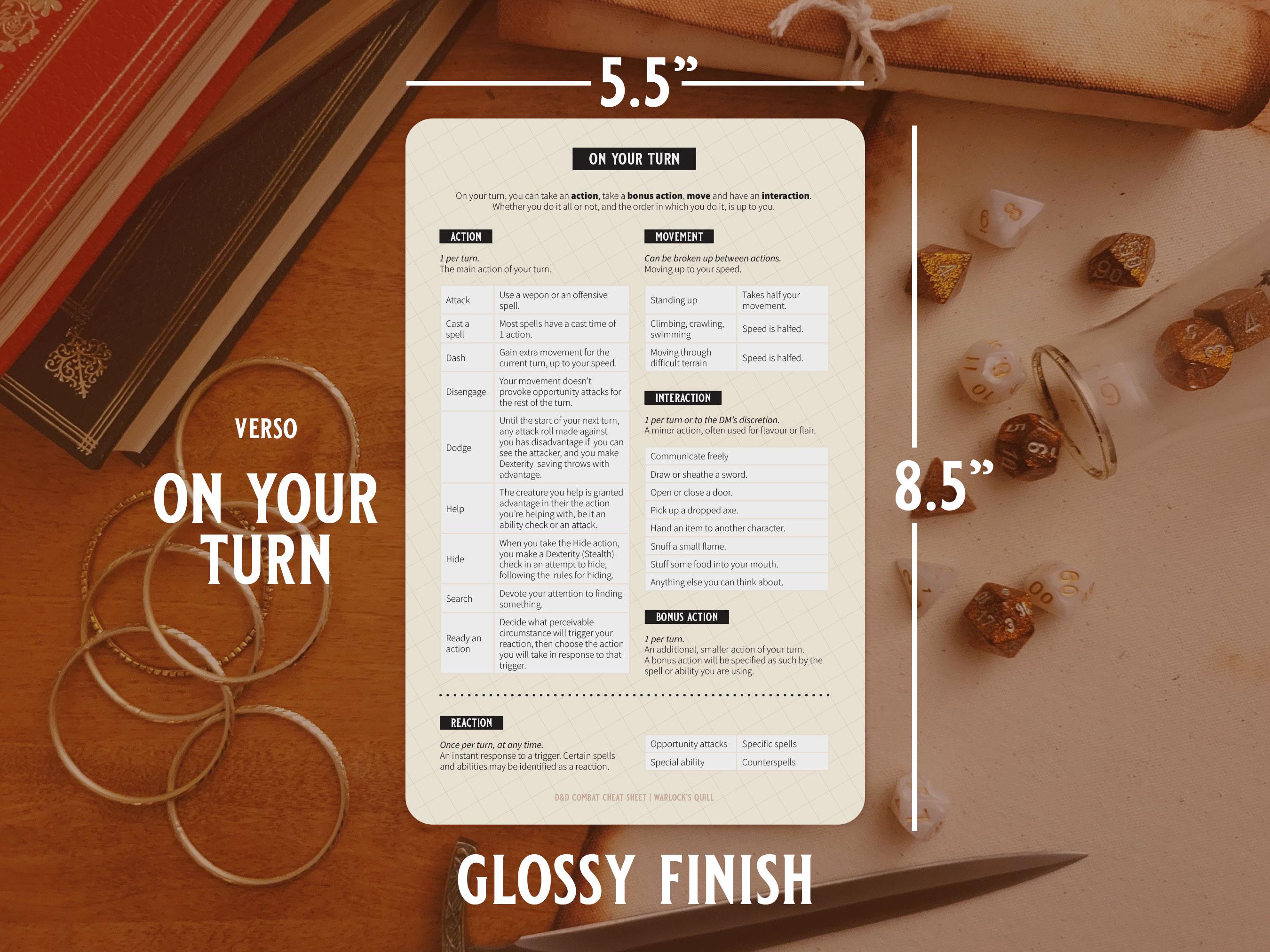 D&D 5e Combat Cheat Sheet: Double-sided Player Aid - Etsy UK