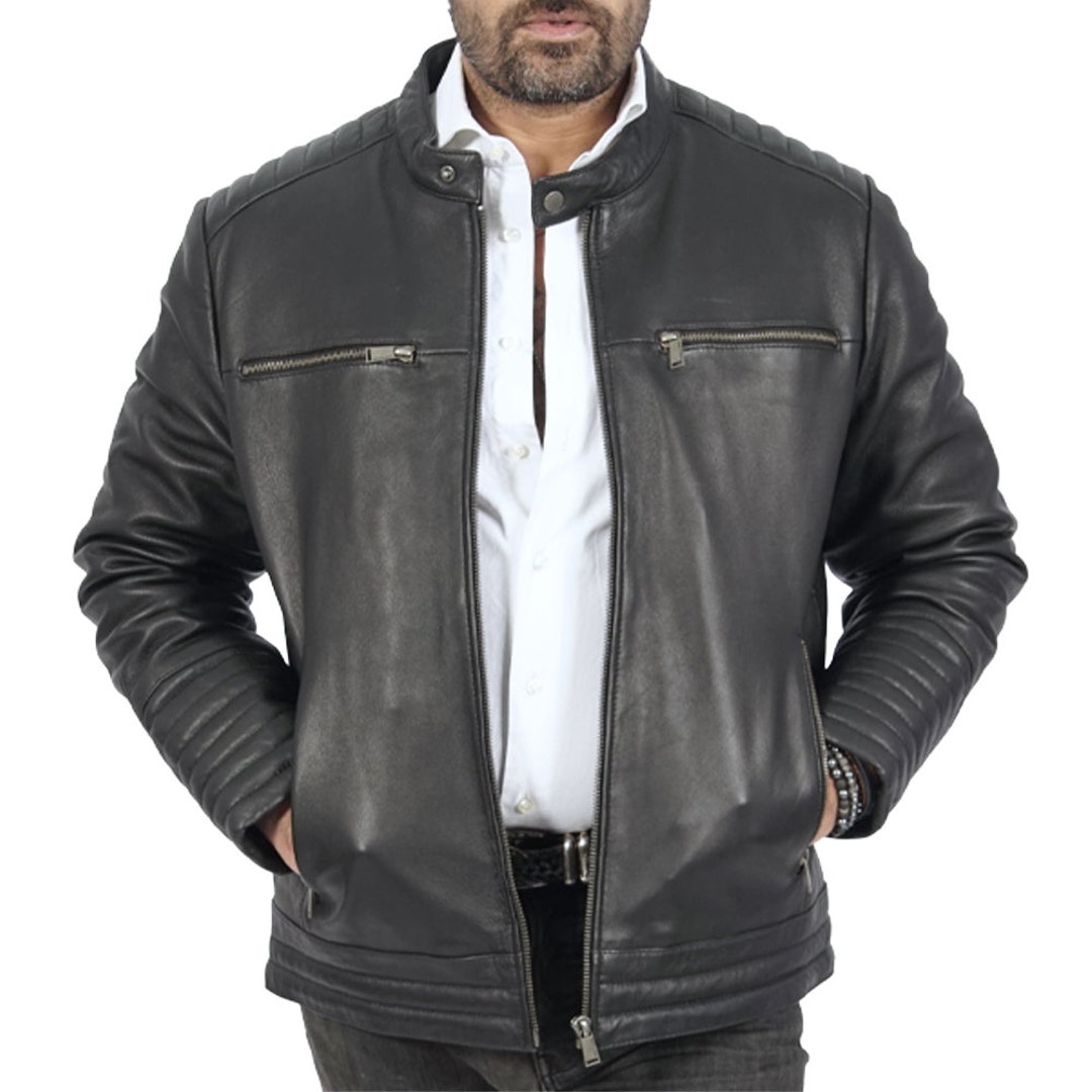 Dave Biker Men’s Black Leather Biker Style Jacket: Quilted Panels ...