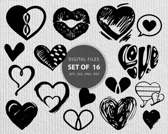 Hearts Bundle Files Lips Kiss Hand Drawing Hearts Sketch | Etsy