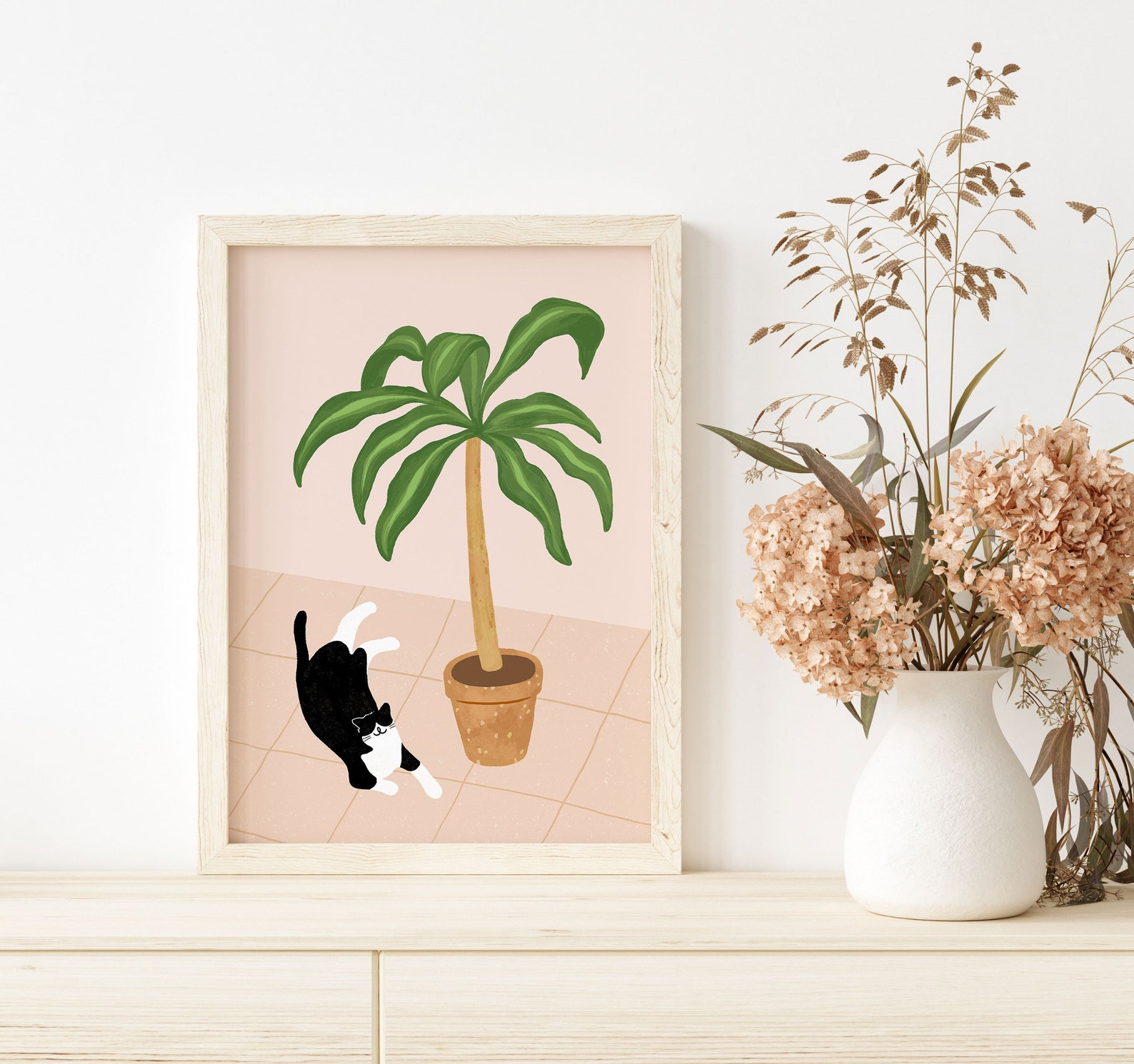 Tuxedo Cat Print Cat Plant Art Black and White Cat - Etsy