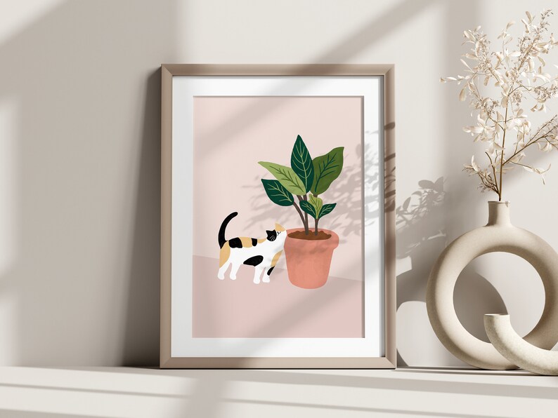 Calico Cat Poster Cat Plant Print Digital Download Cat - Etsy