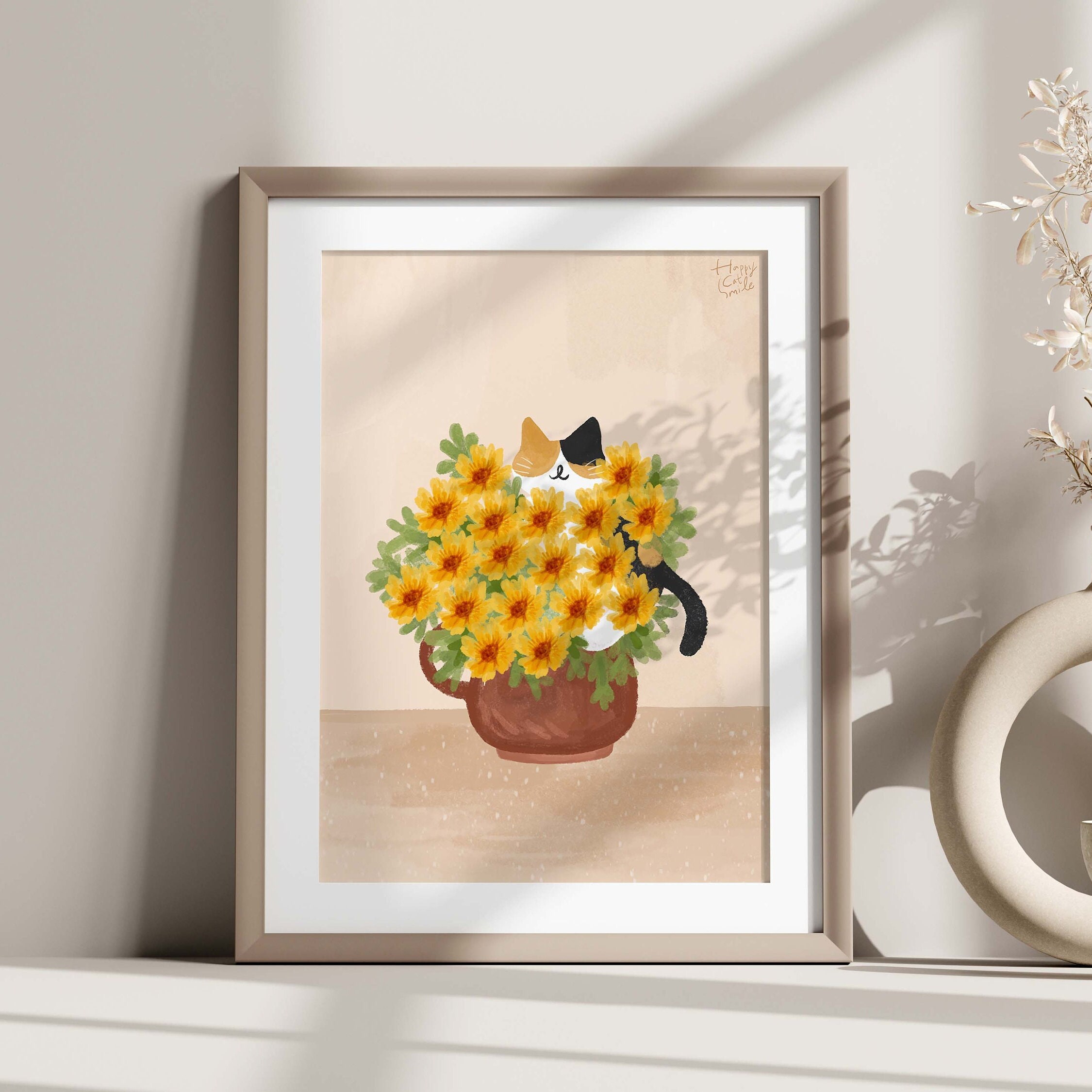 Calico Cat Art Print Boho Cat Art Cat Flowerpot Digital - Etsy