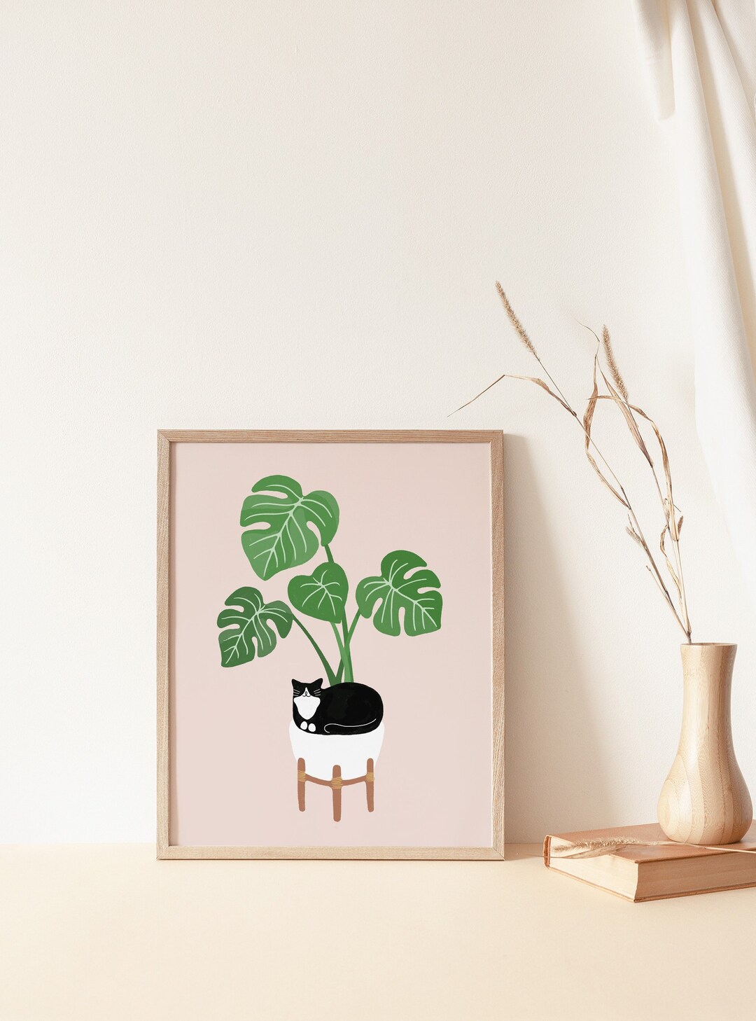 Tuxedo Cat Wall Art, Nursery Decor, Cat Plant Wall Decor, Digital ...