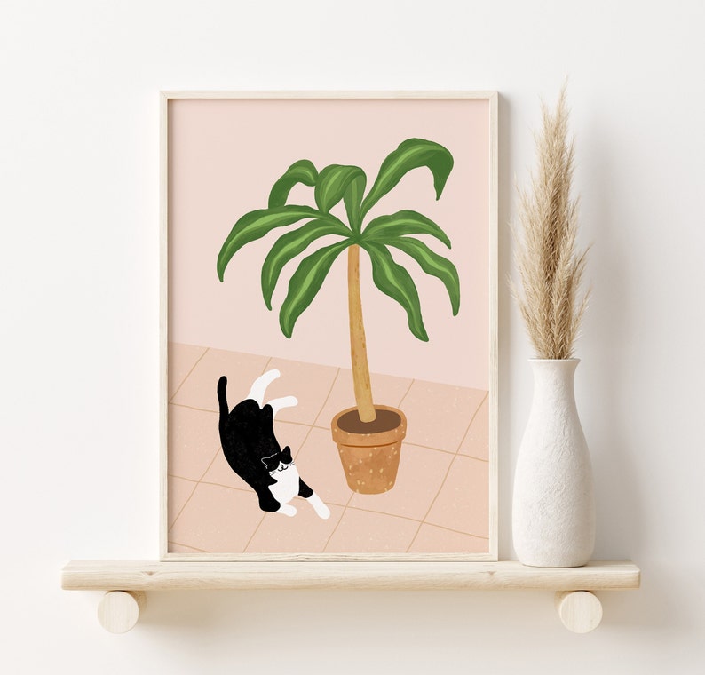Tuxedo Cat Print Cat Plant Art Black and White Cat - Etsy