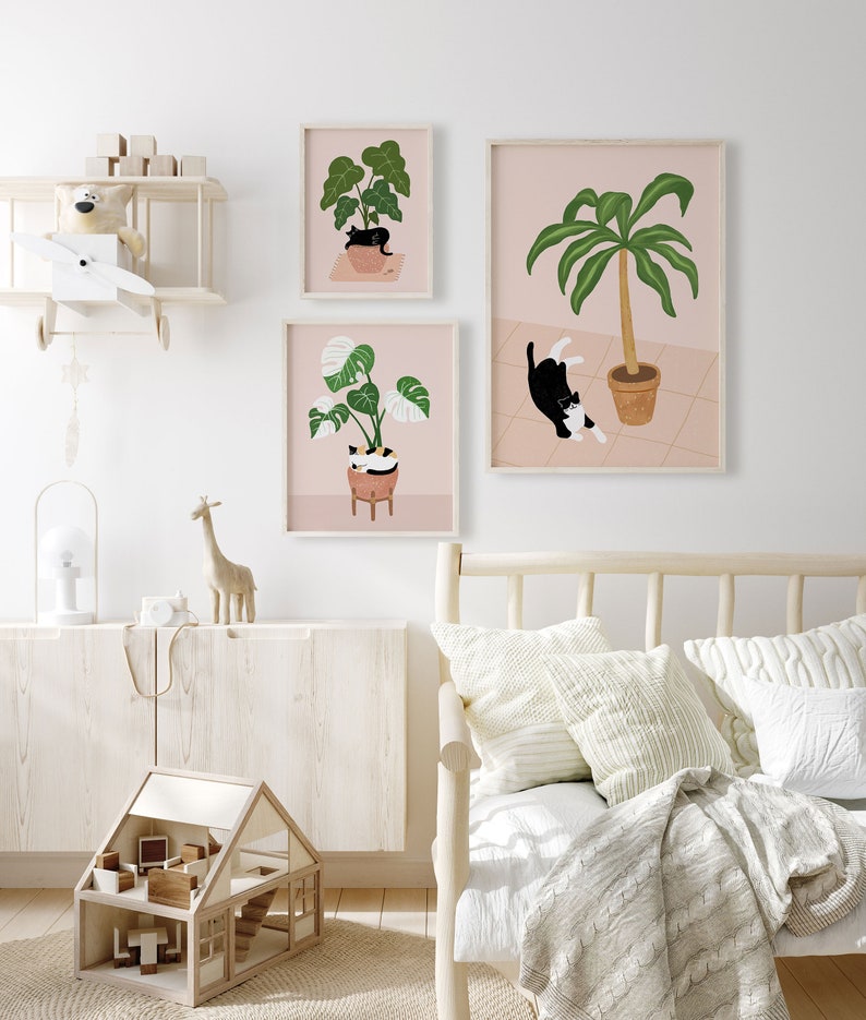 Tuxedo Cat Print Cat Plant Art Black and White Cat - Etsy