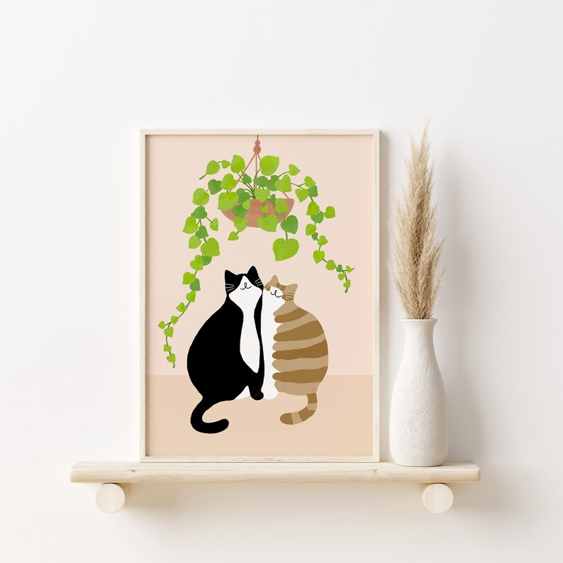 Tan Tabby Cat Art Print Tuxedo Cat Wall Art Cat Couple Cat - Etsy