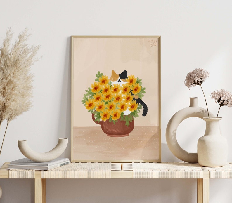 Calico Cat Art Print Boho Cat Art Cat Flowerpot Digital - Etsy
