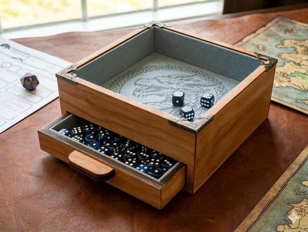 Wooden Dice Tray With Drawer, Felt Lined, Tabletop RPG Gaming Storage ...