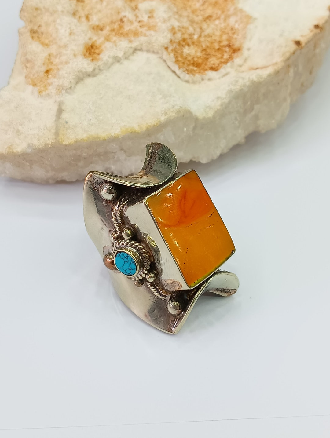 Large Ethnic Amber Stone Ring Tibetan Ring Unisex Ring Adjustable Ring ...