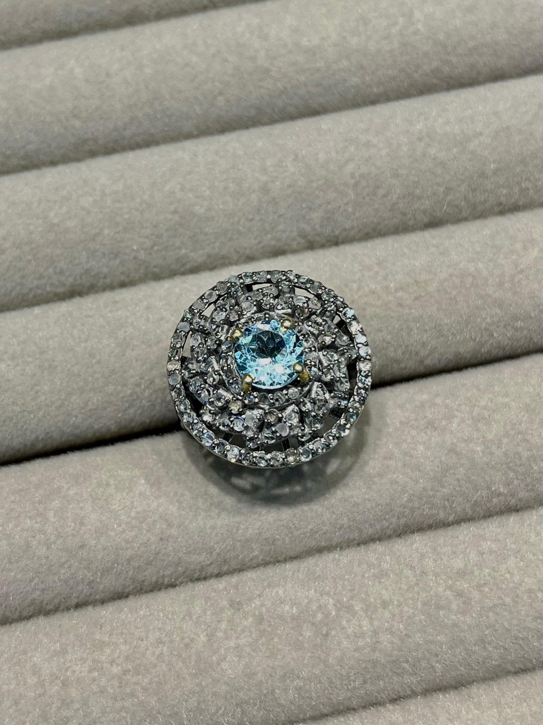 Natural Aquamarine Engagement Ring • Black Rhodium Silver • Polki Raw ...
