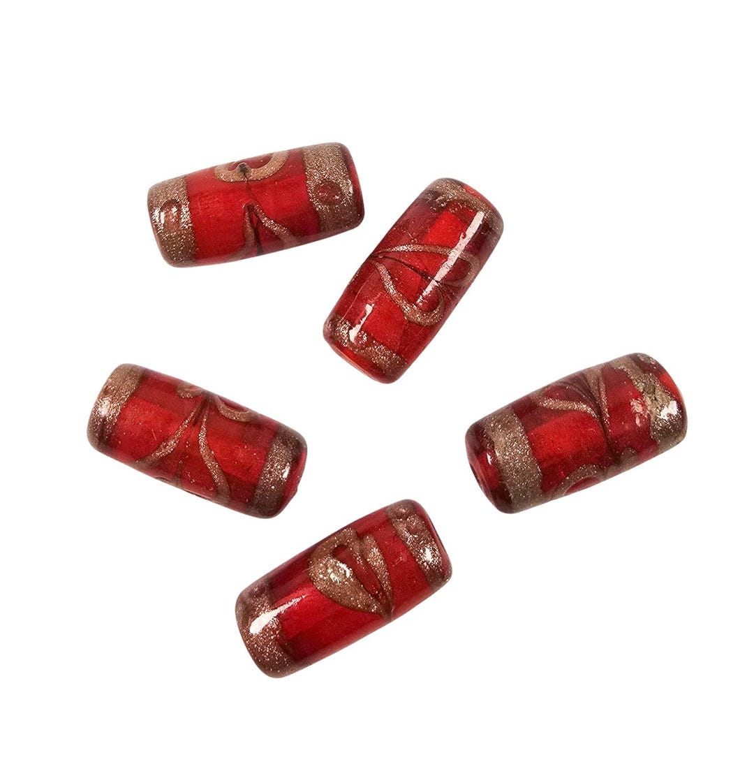 Vintage Venetian Glass Cylinder Beads - Red Murano Copper Aventurine ...