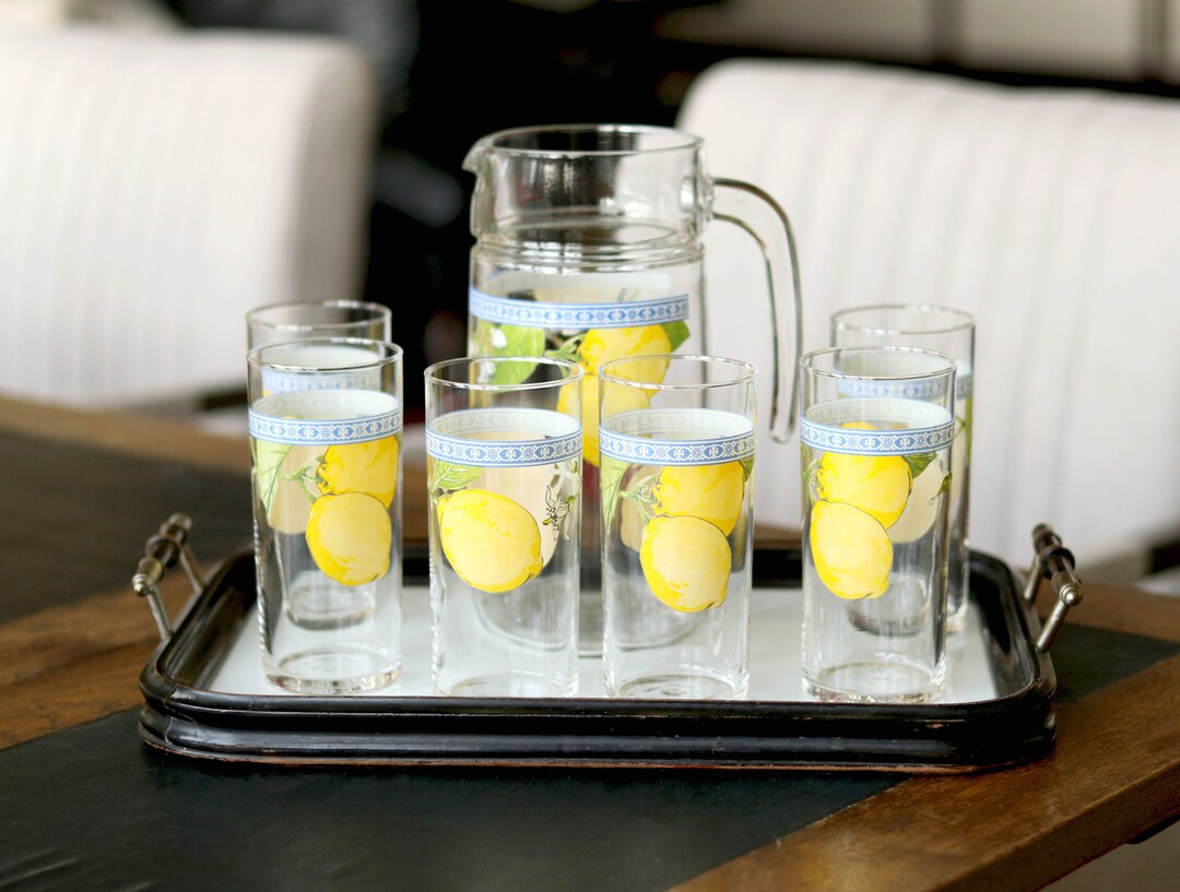 Vintage Juice Jug Glasses Set, Retro Glass Jug for 6 People, Decor ...