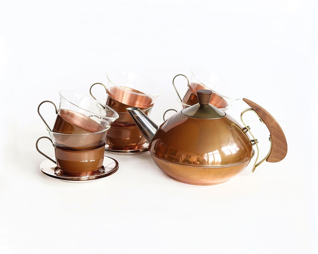 Mid Century Copper Tea Service Jenaer Glas Schott & Gen Teapot and 6 ...