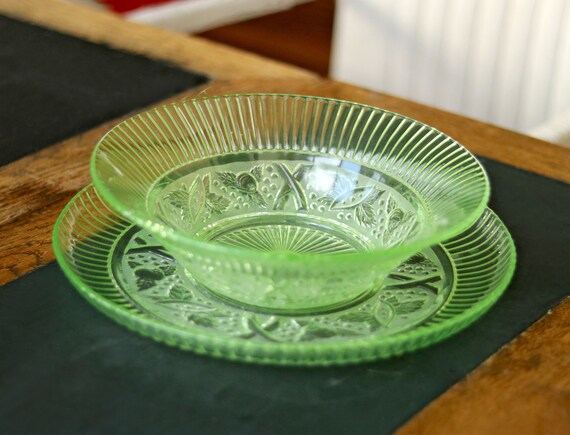 Art Deco Uranium Glass Bowl and Serving Plate 30s Depression | Etsy
