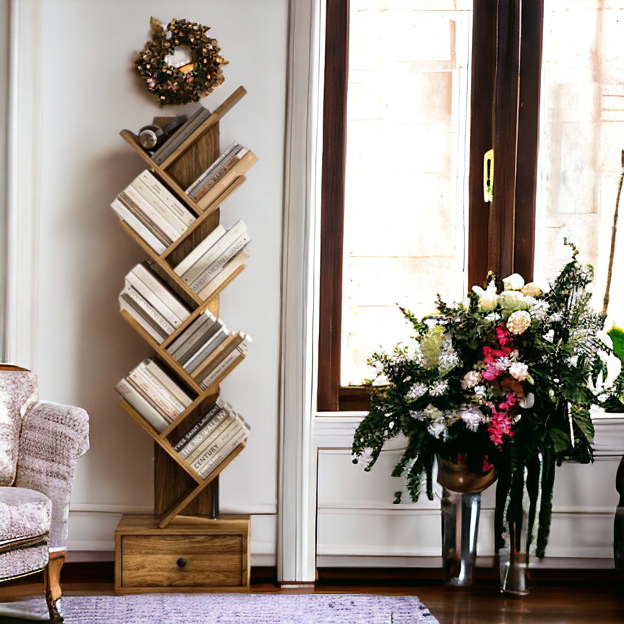 Rustic 8 Shelf Wooden Tree Bookshelf, Wooden Bookcase With Small Drawer ...