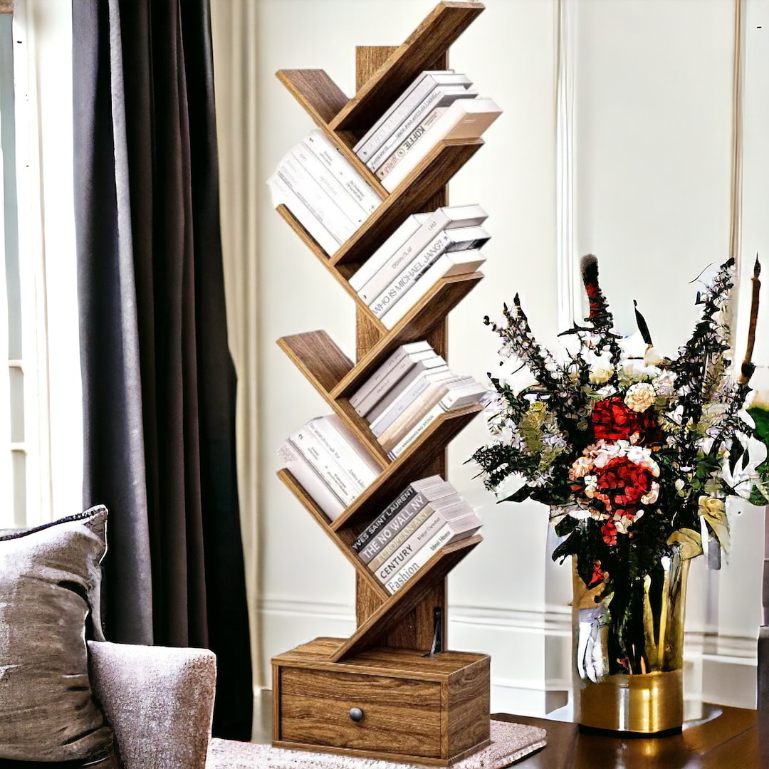 Rustic 8 Shelf Wooden Tree Bookshelf, Wooden Bookcase With Small Drawer ...