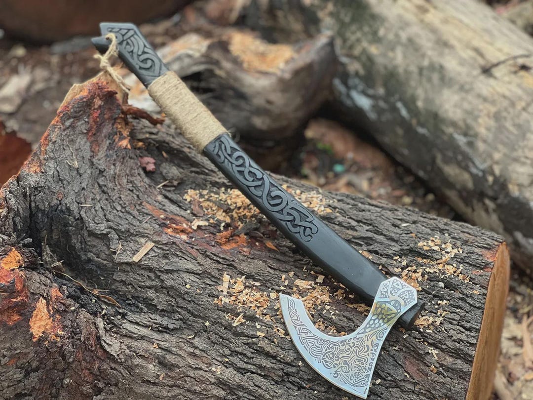 Hand Forged Carbon Steel Bearded Axe: Ash Wood Handle, Leather Sheath ...
