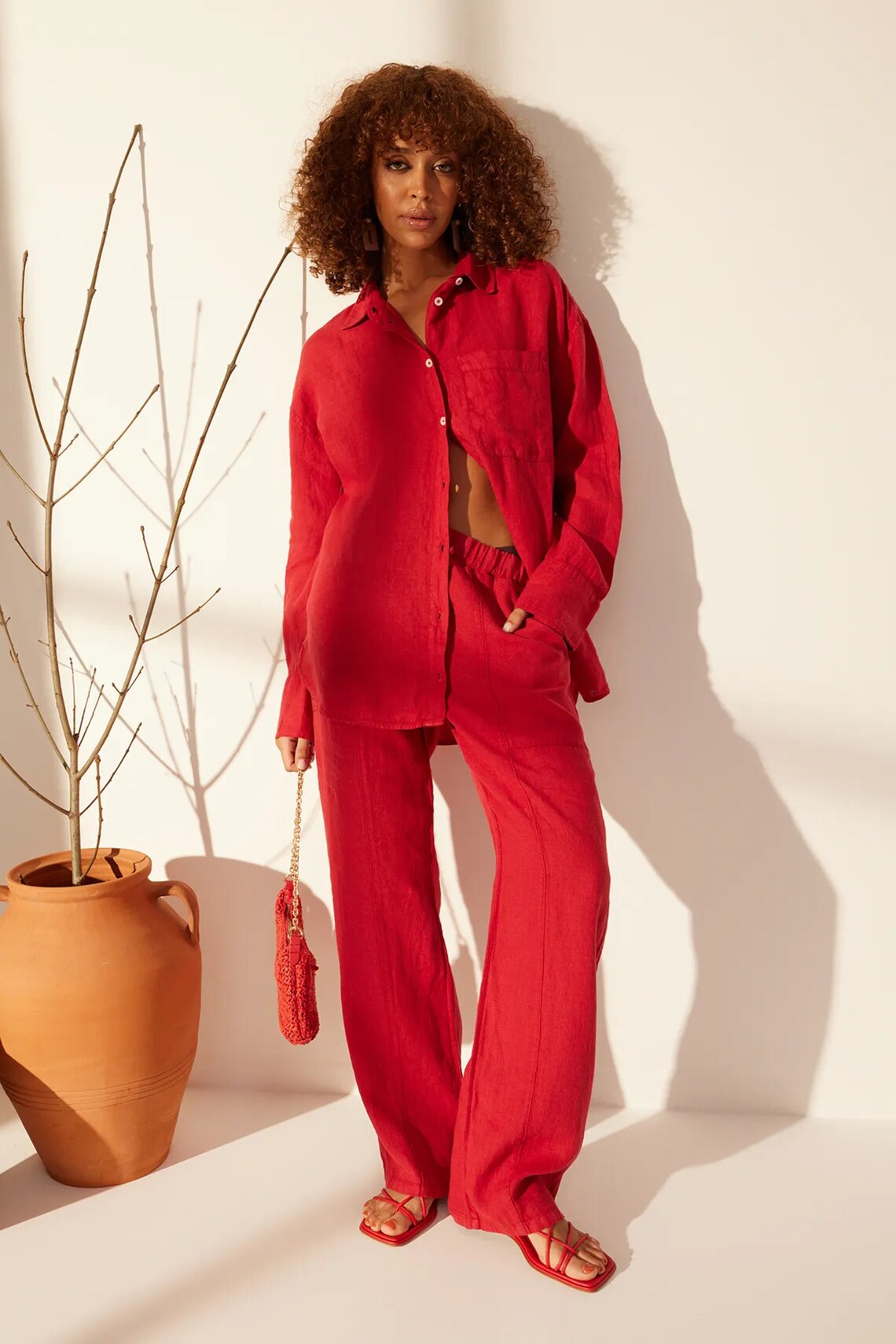 Red Linen Oversized Shirt| Long Sleeves Linen Tops| Casual Cotton Shirt ...